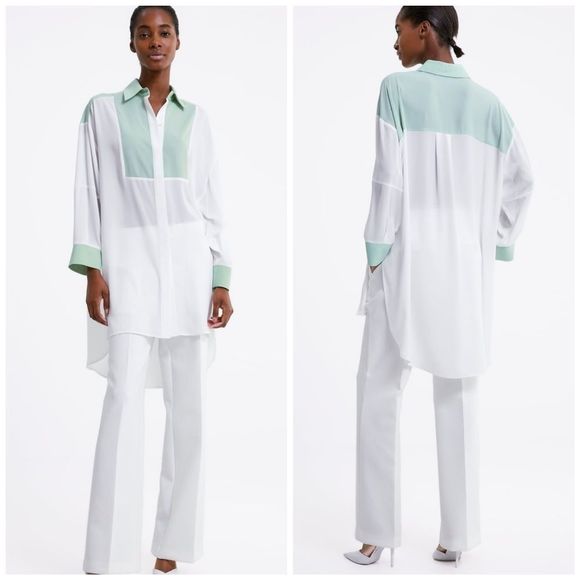 Zara | Tops | Zaragreen White Oversize Color Block Top Nwt Sz M | Poshmark